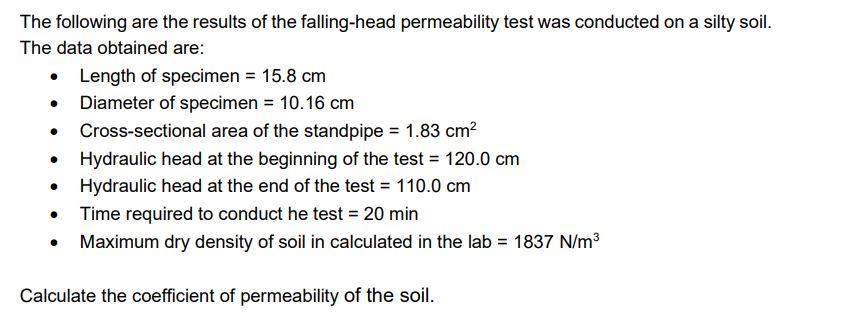 Solved The following are the results of the falling-head | Chegg.com