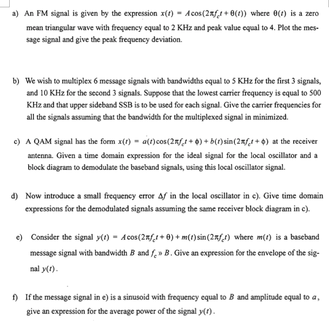 Solved a) An FM signal is given by the expression x(t) = A | Chegg.com
