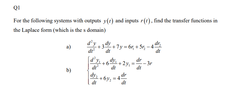 Solved For the following systems with outputs y(t) and | Chegg.com