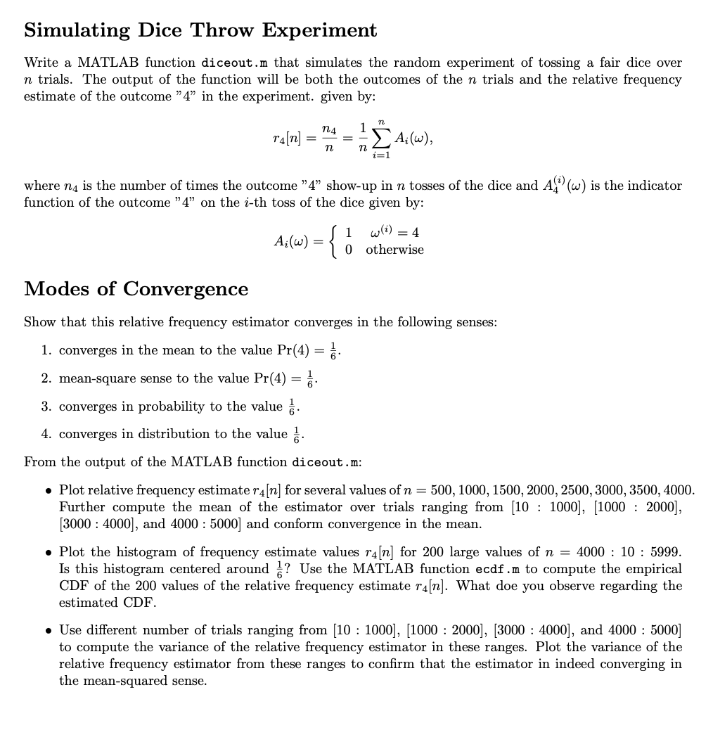 Simulating Dice Throw Experiment Write a MATLAB | Chegg.com