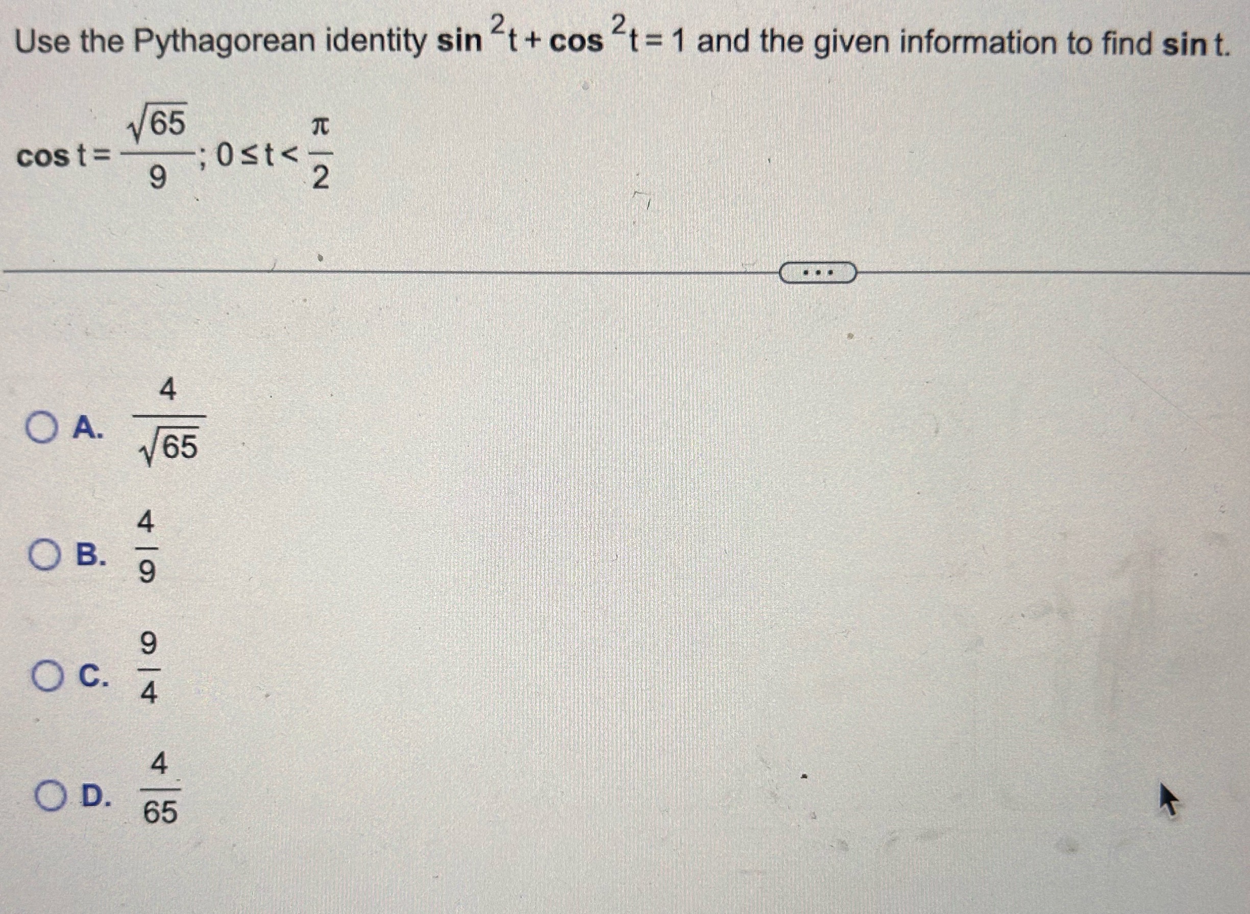 Solved Use the Pythagorean identity sin2t+cos2t=1 and the | Chegg.com