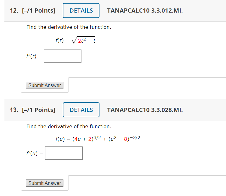 Solved 12. [-/1 Points] TANAPCALC10 3.3.012.MI. Find the | Chegg.com