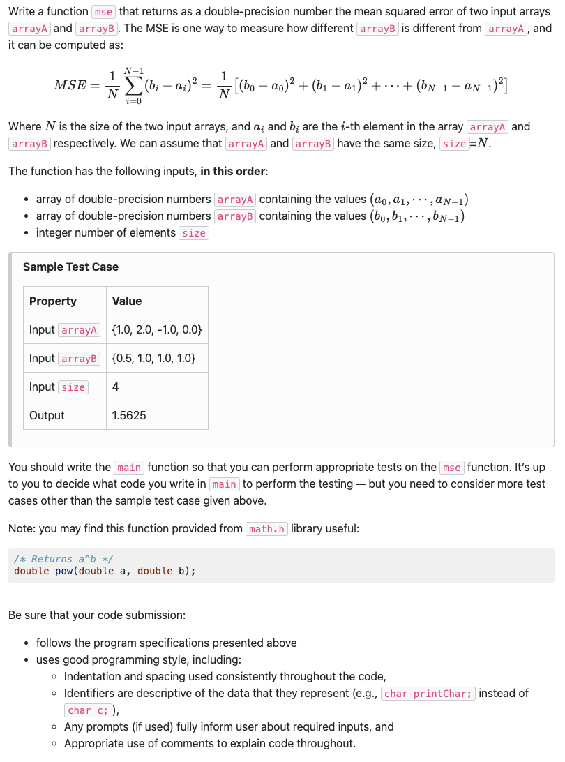 Solved Write a function mse that returns as a | Chegg.com