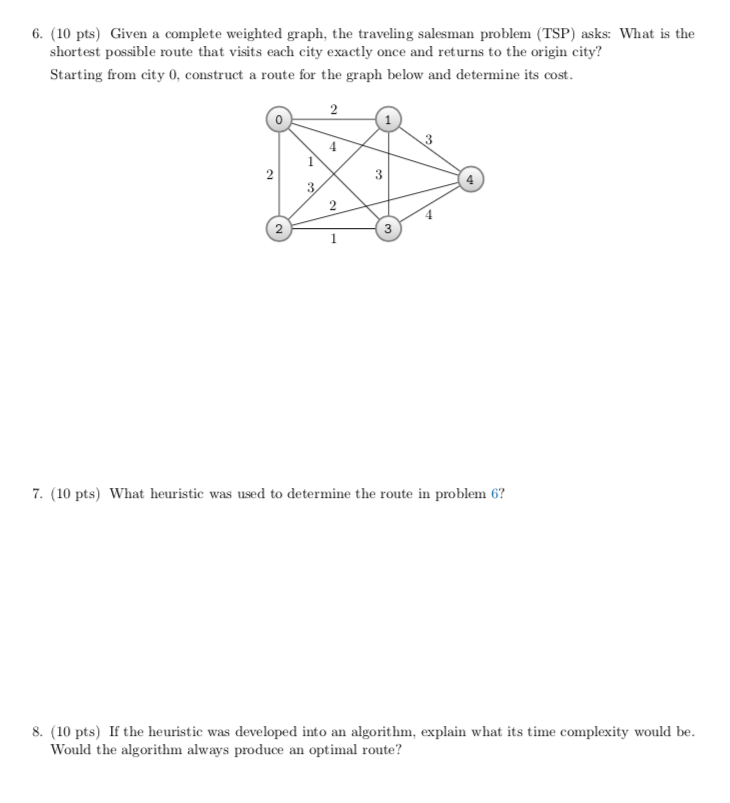 Solved 6. (10 pts) Given a complete weighted graph, the | Chegg.com