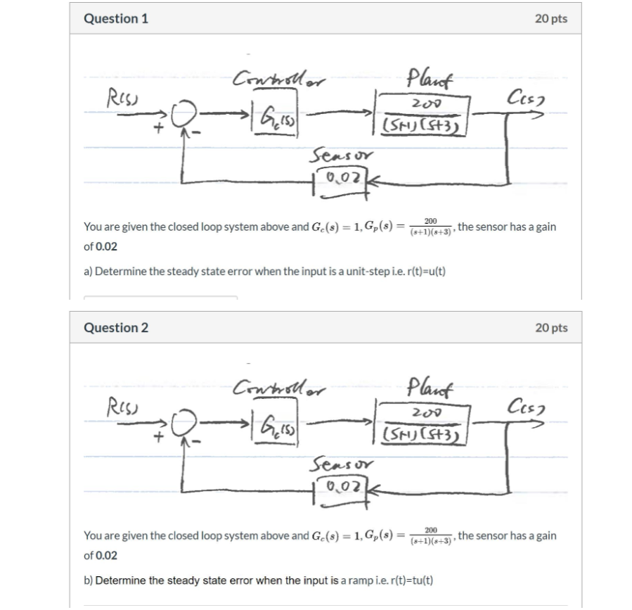 Solved Question 1 20 pts Controller Plant a (SH (St) 10.02% | Chegg.com