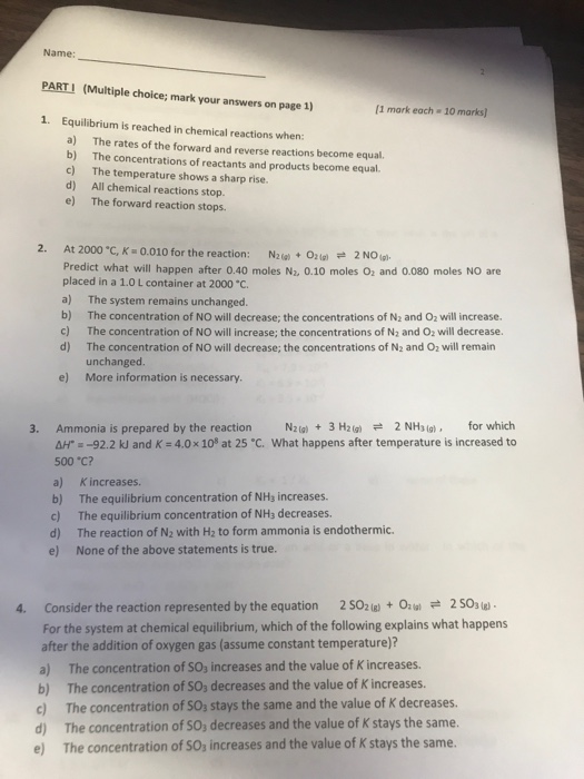 Solved Name: PART (Multiple choice; mark your answers on | Chegg.com