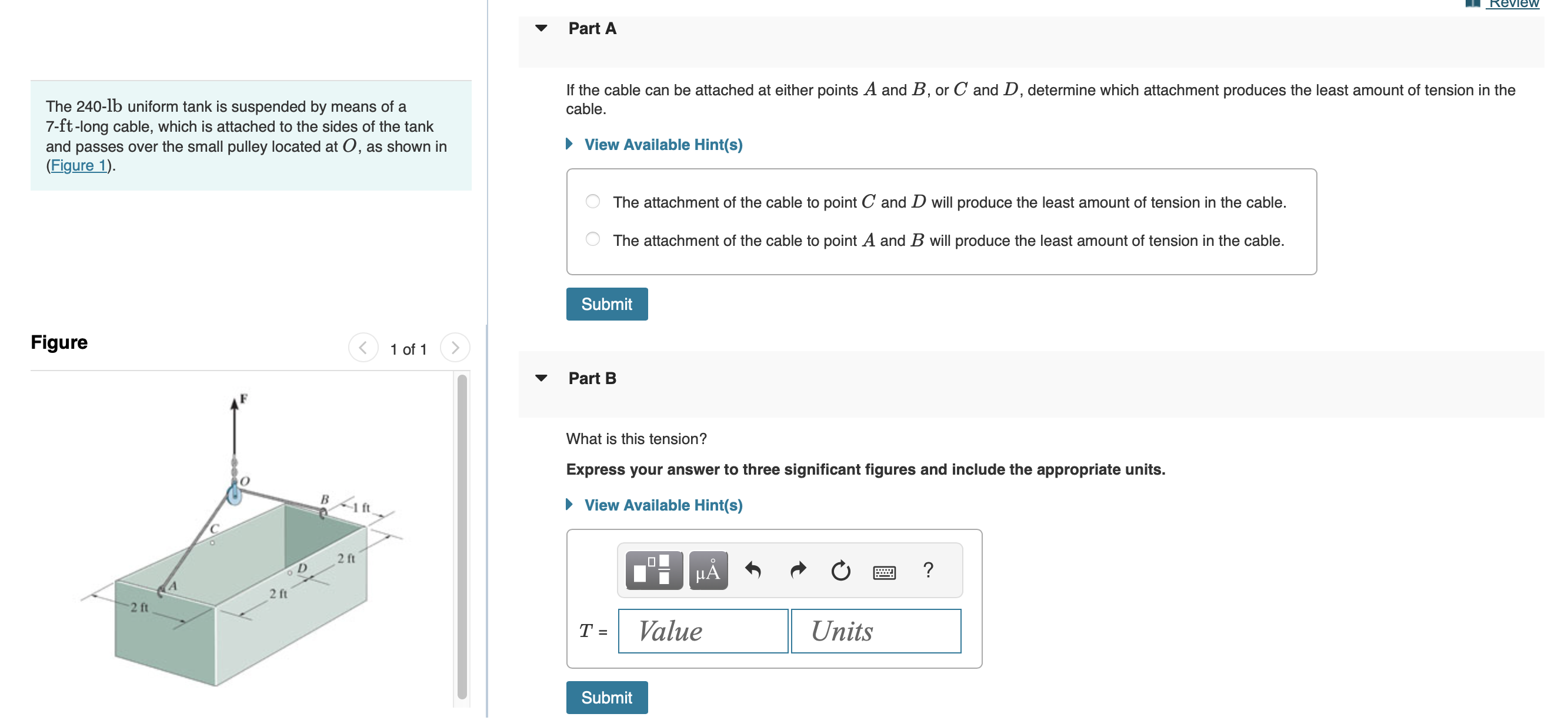 Solved The 240-lb uniform tank is suspended by means of a 7 | Chegg.com