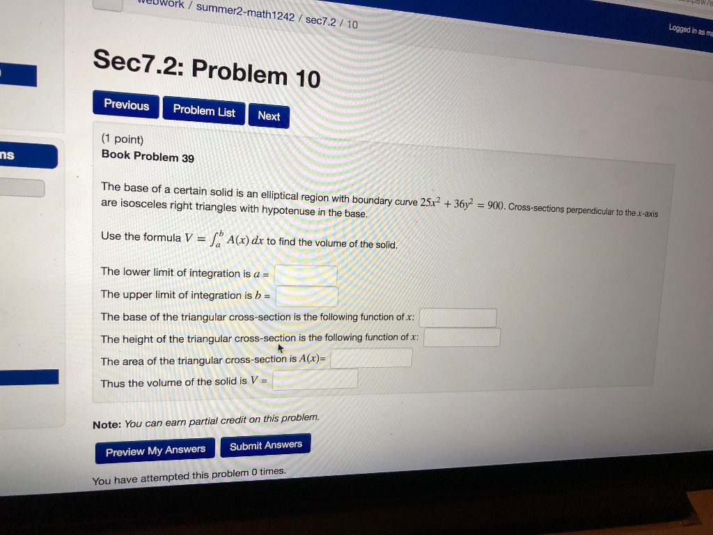 Solved UWork / summer2-math1242 /sec7.2/10 Logged in as m | Chegg.com