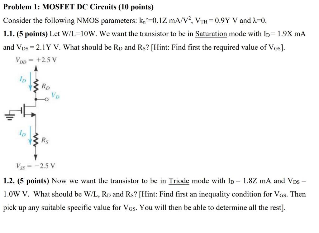 Solved Problem 1: MOSFET DC Circuits (10 points) Consider | Chegg.com