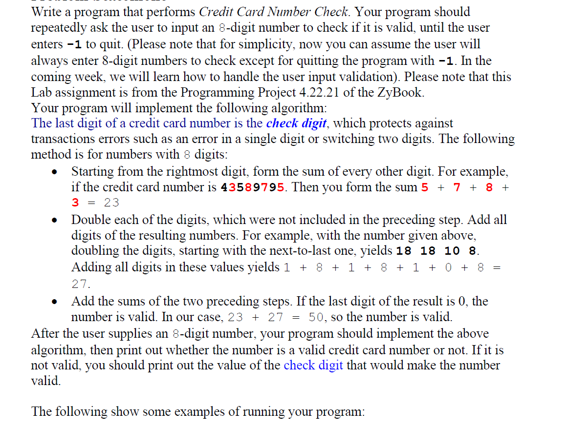 Solved Write a program that performs Credit Card Number | Chegg.com