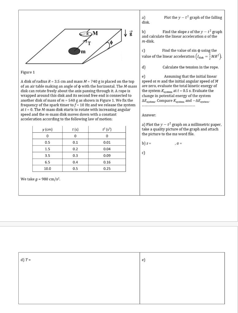 Solved a) disk. Plot the y-t graph of the falling too b) | Chegg.com