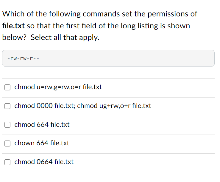 Solved Which of the following commands set the permissions | Chegg.com