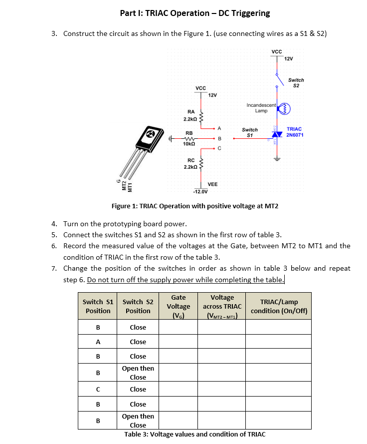 Part I: TRIAC Operation - DC Triggering 3. Construct | Chegg.com