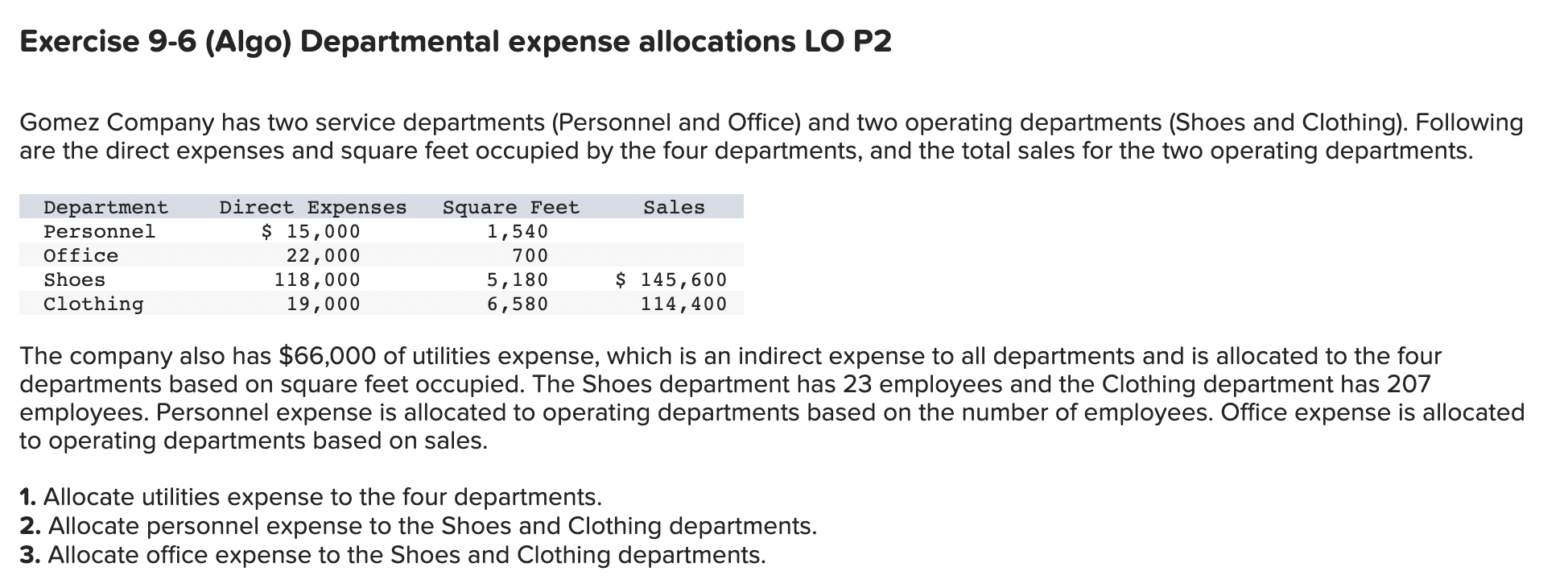Solved Exercise 9-6 (Algo) Departmental expense allocations | Chegg.com