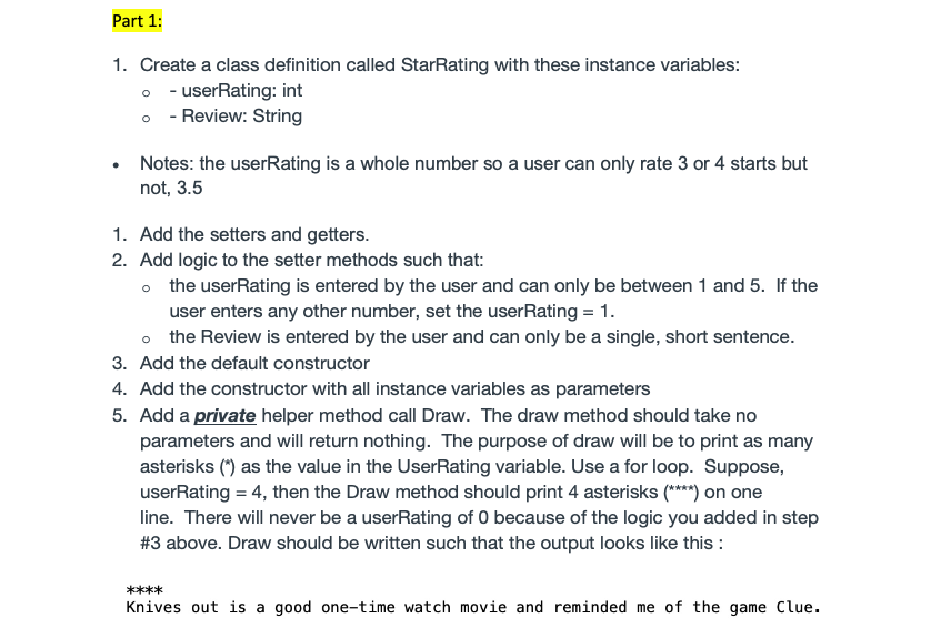 Solved Part 1: 1. Create a class definition called | Chegg.com