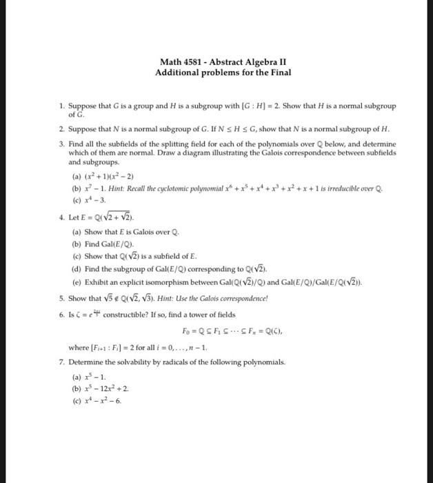 Solved Math 4581 Abstract Algebra II Additional problems for | Chegg.com