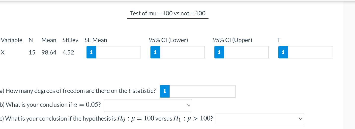 Solved Test of mu = 100 vs not = 100 Variable N Mean StDev | Chegg.com
