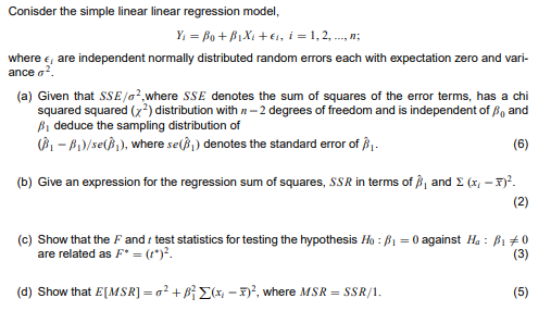 Solved Conisder the simple linear linear regression model, Y | Chegg.com