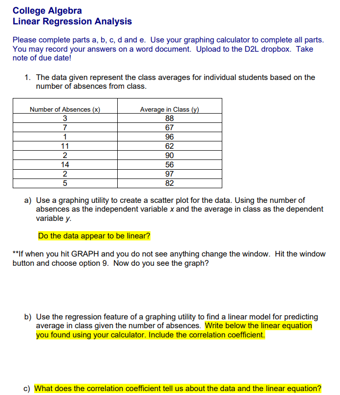 Solved College Algebra Linear Regression Analysis Please | Chegg.com