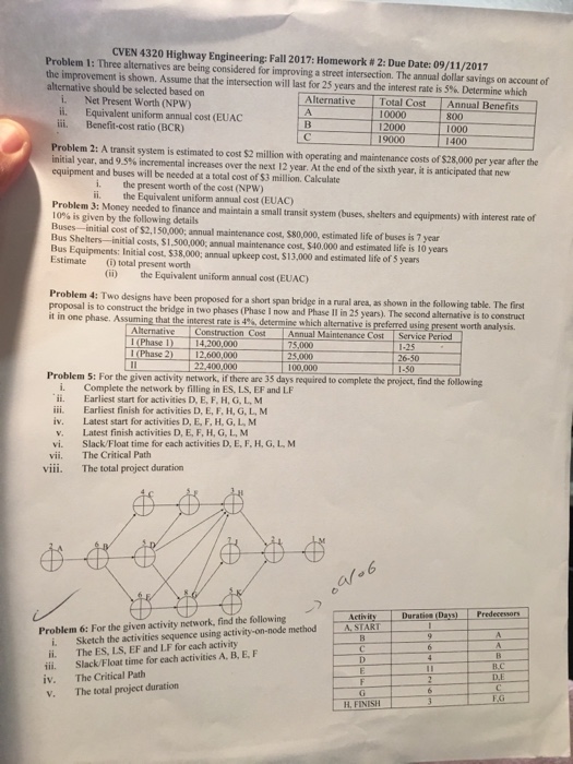 Solved CVEN 4320 Highway Engineering: Fall 2017: Homework # | Chegg.com