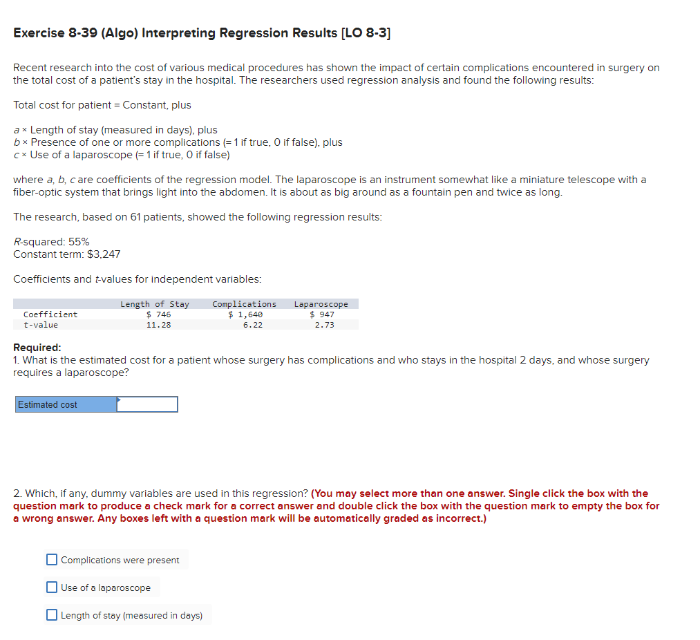 Solved Exercise 8-39 (Algo) Interpreting Regression Results | Chegg.com