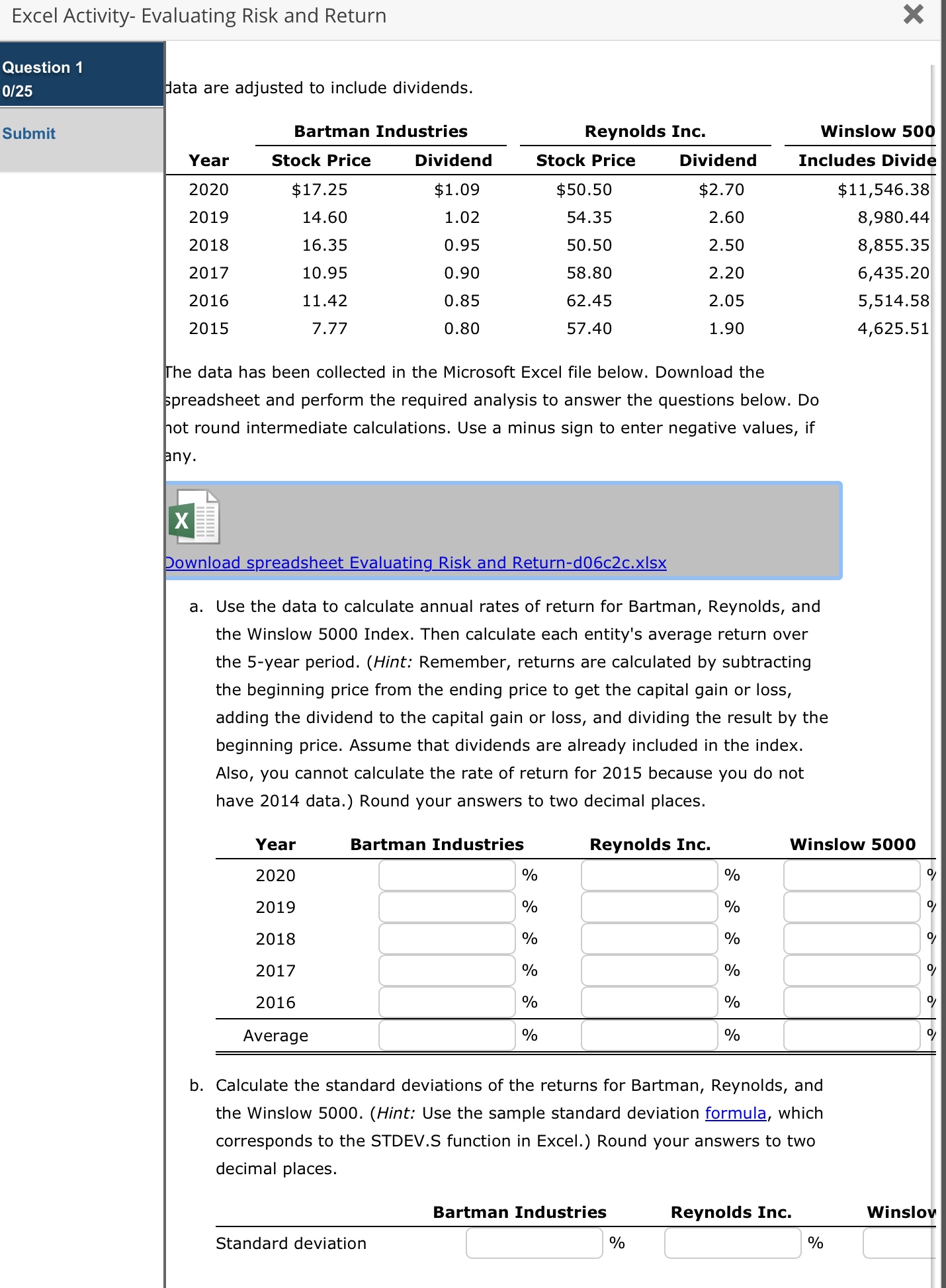Solved Excel Activity- Evaluating Risk and Return Question 1 | Chegg.com