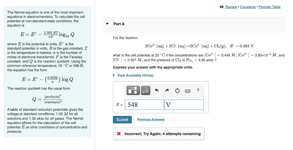 Solved A Review Constants Periodic Table The Nernst equation | Chegg.com