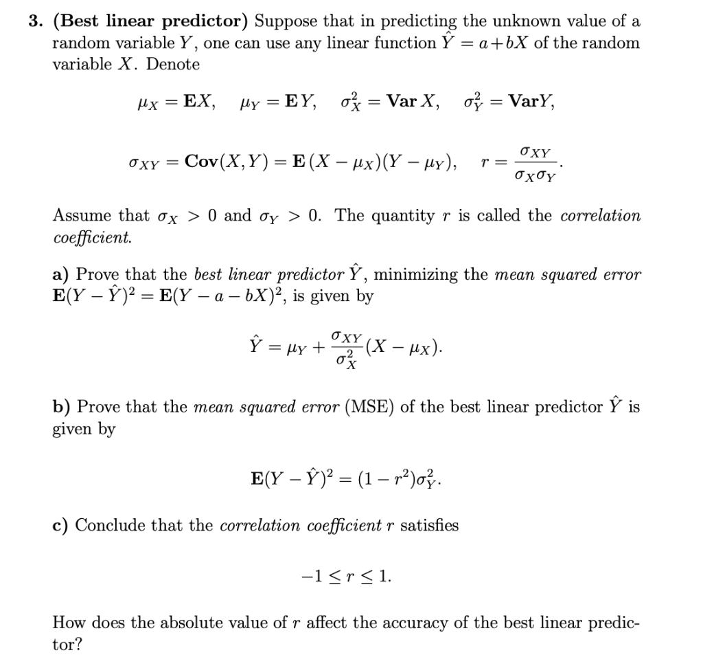 Solved 3. (Best linear predictor) Suppose that in predicting | Chegg.com
