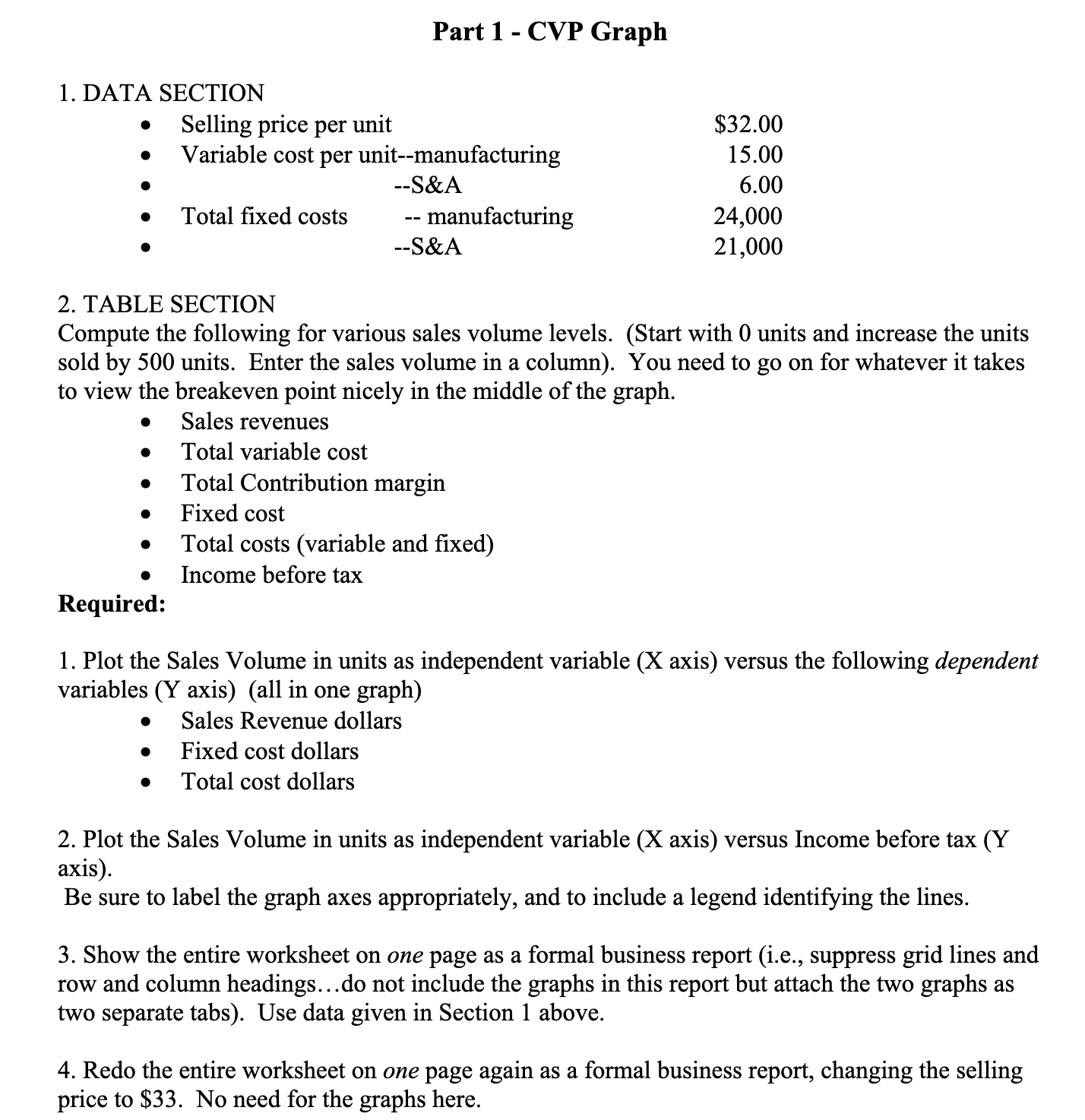 Part 1 - CVP Graph 2. TABLE SECTION Compute the | Chegg.com