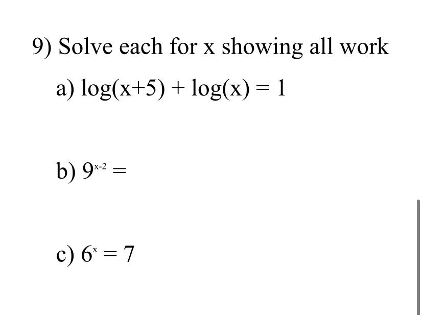 Solved 9) Solve each for x showing all work a) | Chegg.com