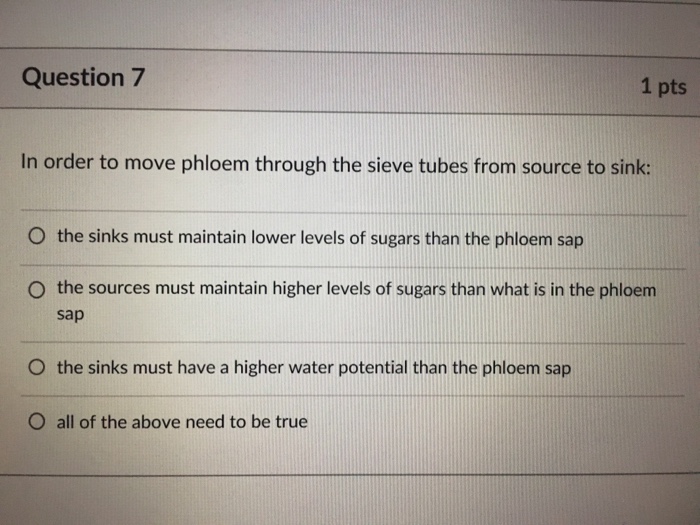 Solved Question7 1 pts In order to move phloem through the | Chegg.com