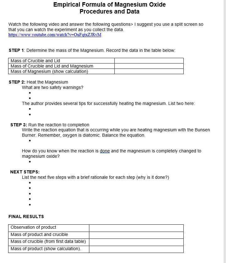 Empirical Formula of Magnesium Oxide Procedures and | Chegg.com