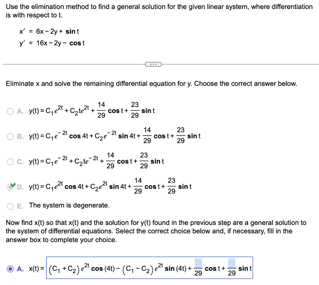 Solved Use the elimination method to find a general solution | Chegg.com