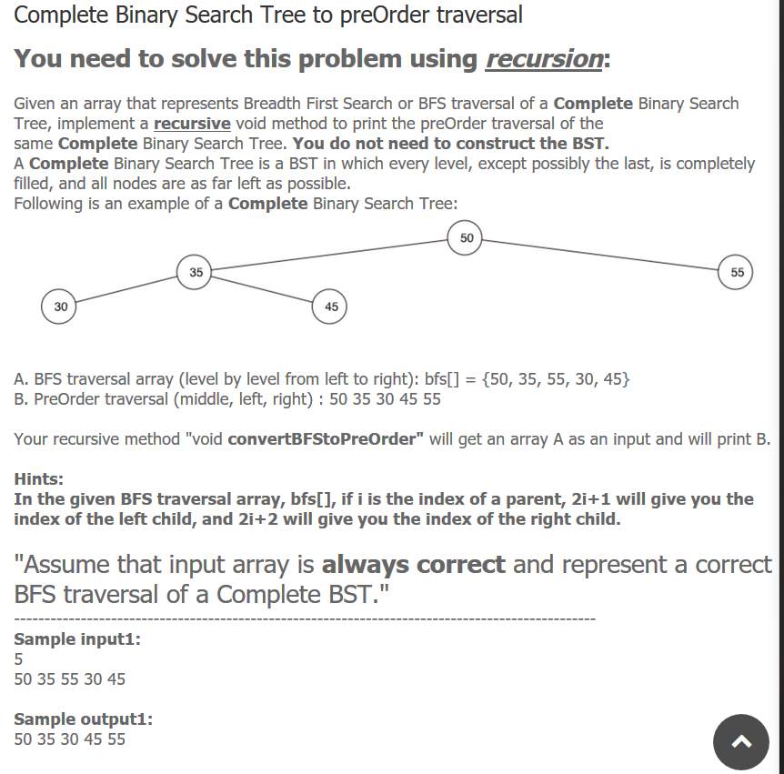 Solved Complete Binary Search Tree to preOrder traversal You | Chegg.com