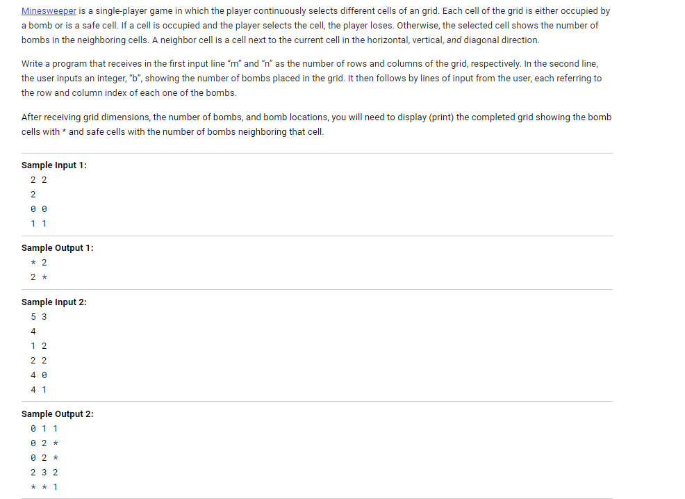 Minesweeper is a single-player game in which the | Chegg.com