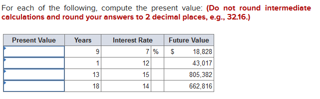 Solved For each of the following, compute the present value: | Chegg.com