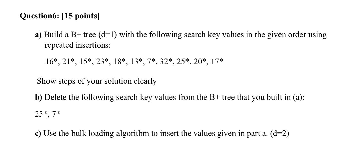 Solved Question6: [15 points] a) Build a B+ tree (d=1) with | Chegg.com