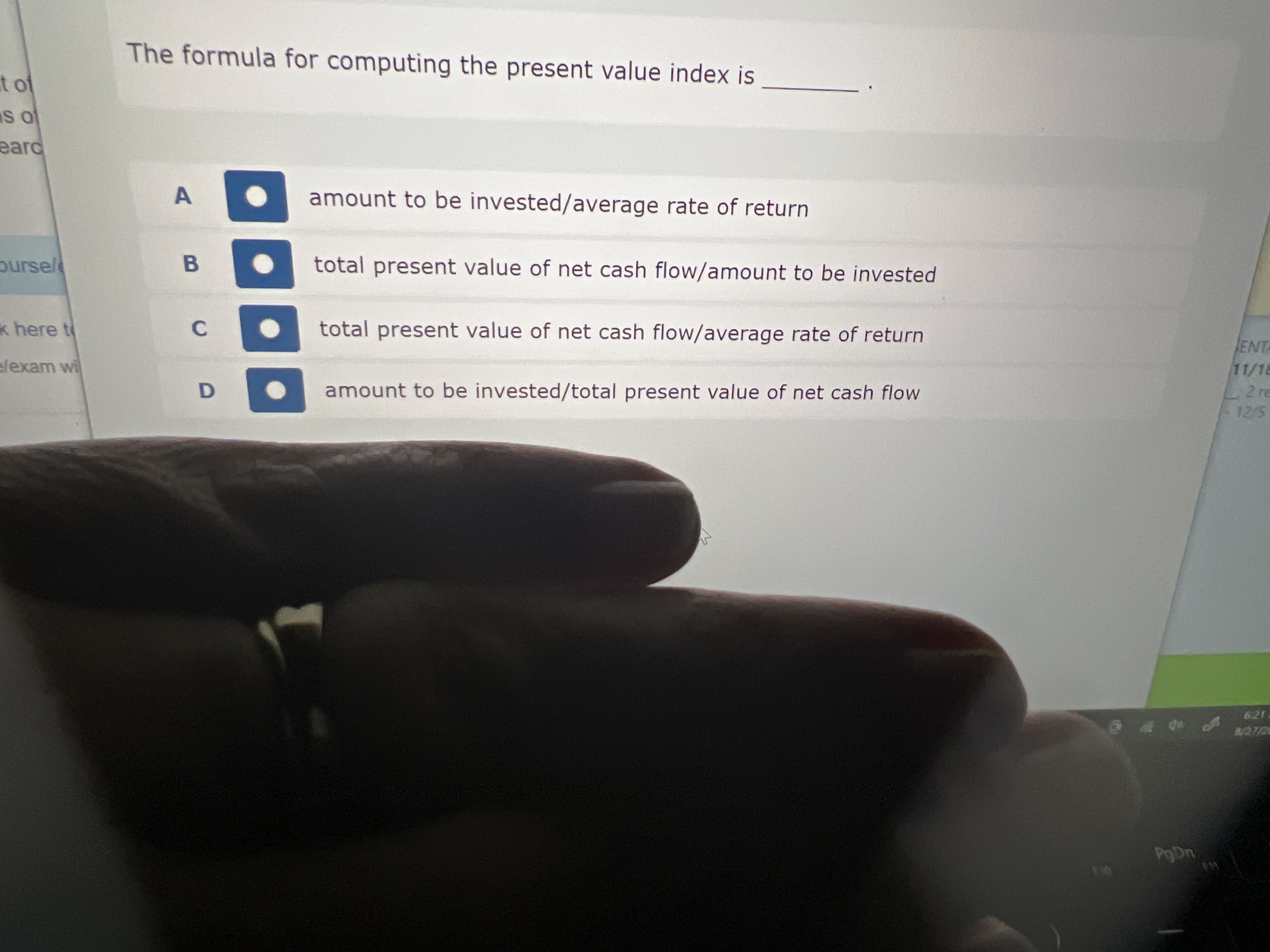 Solved The formula for computing the present value index | Chegg.com