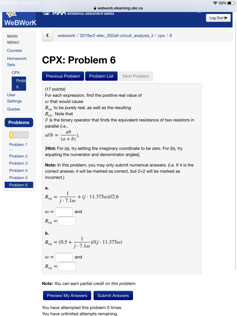 Solved 5:45 PM Thu Jan 9 50%O webwork.elearning.ubc.ca | Chegg.com