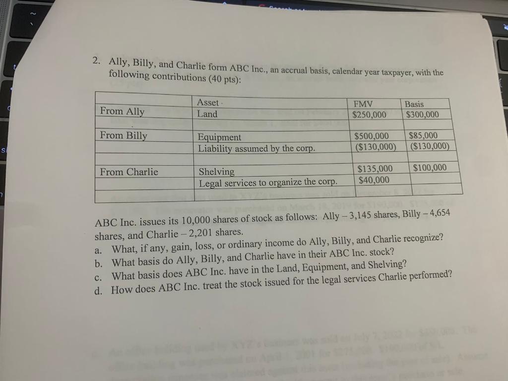 2. Ally, Billy, and Charlie form ABC Inc., an accrual | Chegg.com