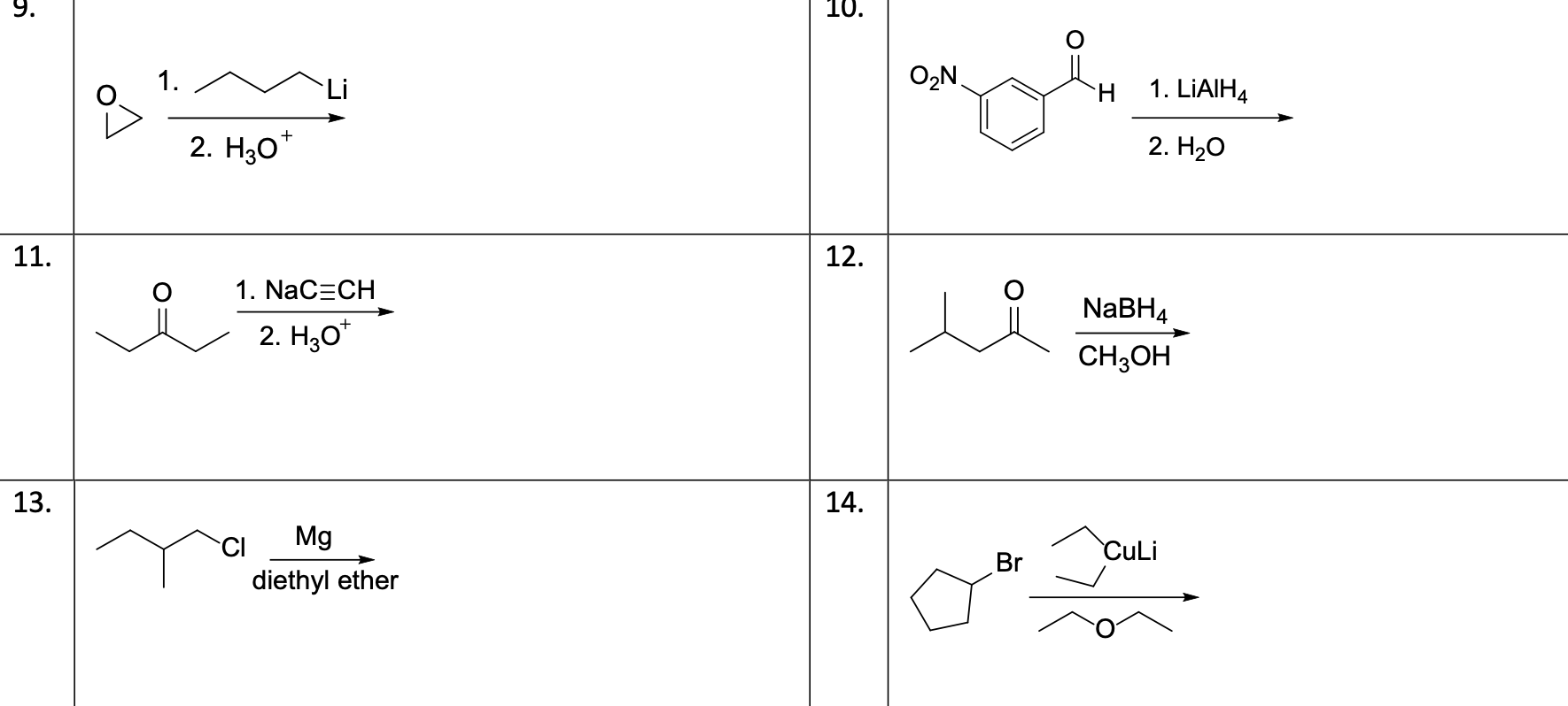 Solved 9. 10. 1. Li O2N H 1. LiAIH4 2. H30* 2. H20 11. 12. | Chegg.com