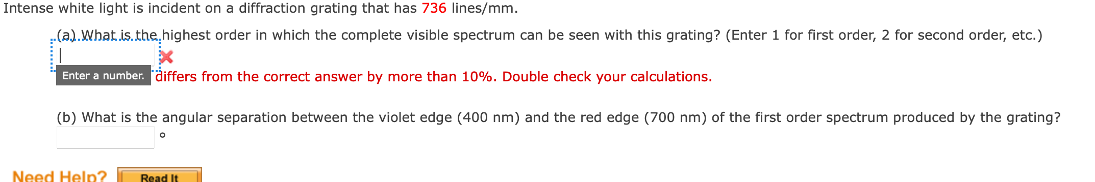 Solved ntense white light is incident on a diffraction | Chegg.com