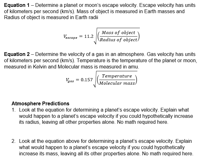 Solved Equation 1 - Determine a planet or moon's escape | Chegg.com