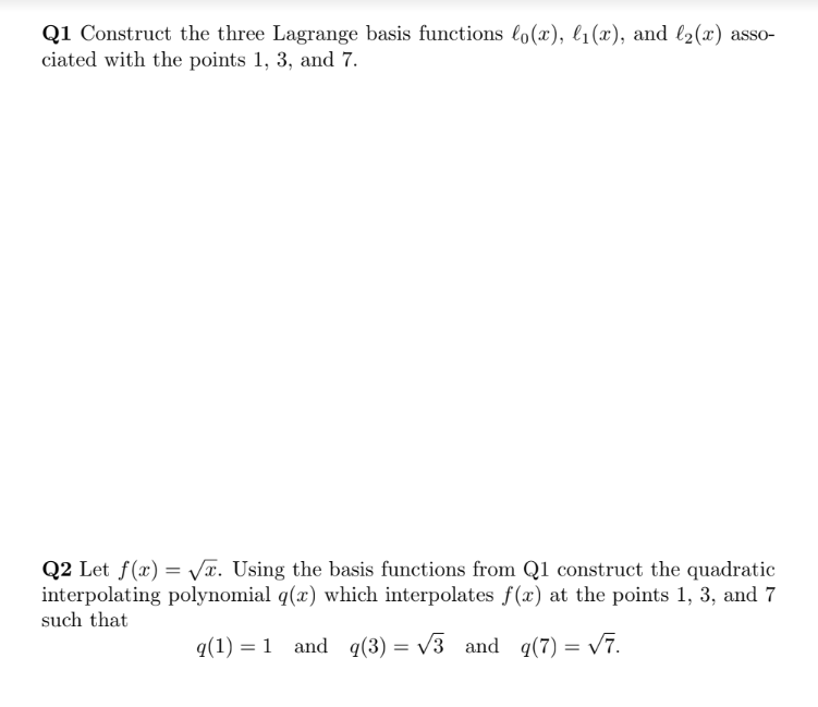 Solved Q1 Construct the three Lagrange basis functions | Chegg.com