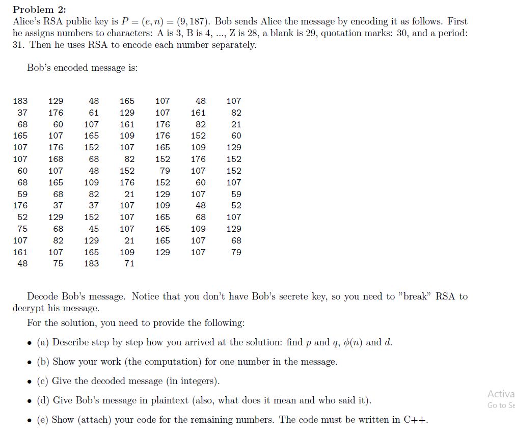 Solved Problem 2 Alices Rsa Public Key Is P En 9 