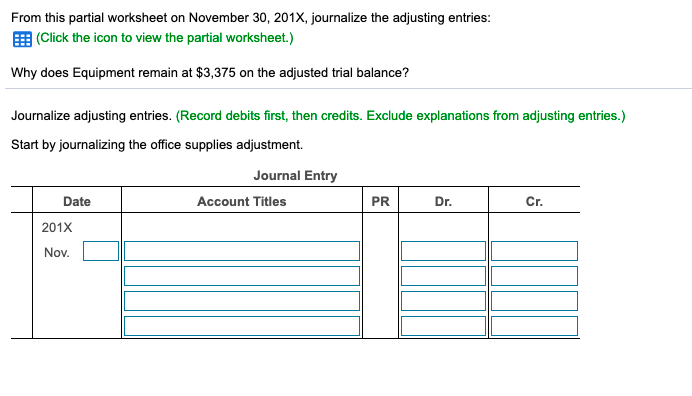 Solved From this partial worksheet on November 30, 201x, | Chegg.com