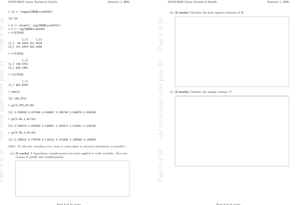 MAST30025 Linear Statistical Models Semester 1, 2020 | Chegg.com