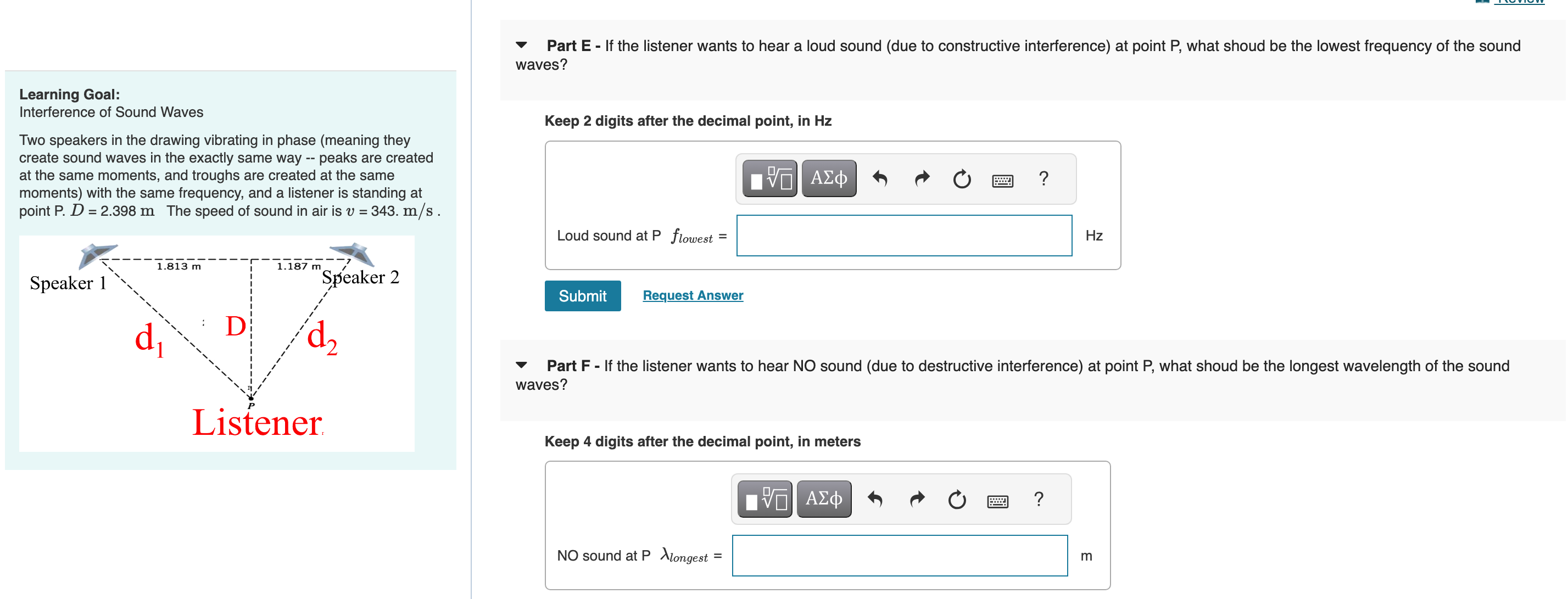 Solved Learning Goal: Interference of Sound Waves Two | Chegg.com