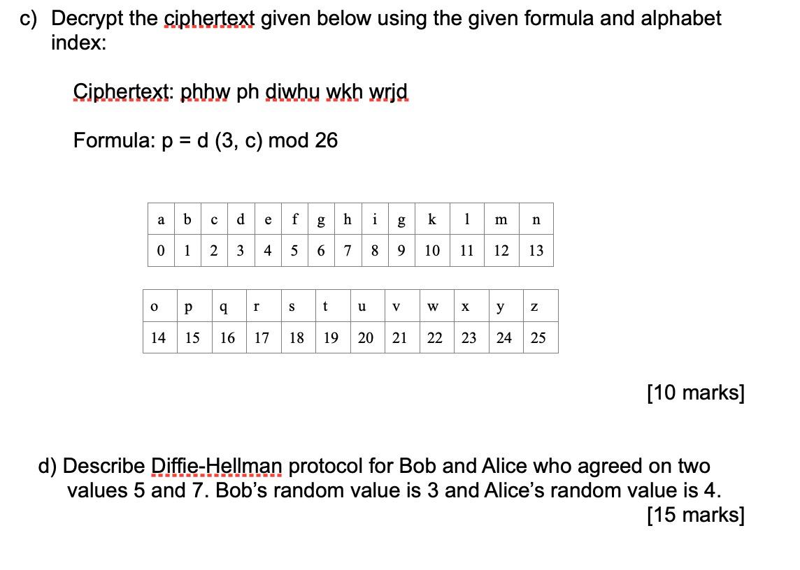 Solved c) Decrypt the ciphertext given below using the given | Chegg.com