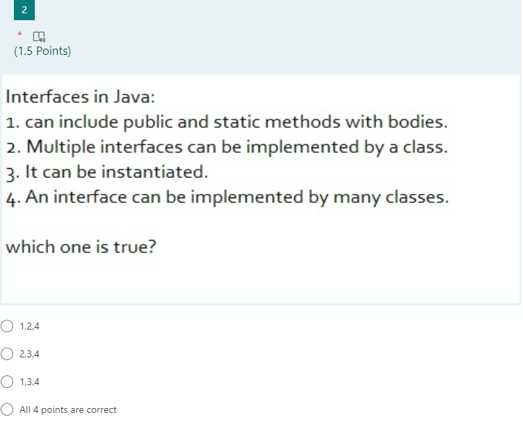Solved 2 (1.5 Points) Interfaces in Java: 1. can include | Chegg.com